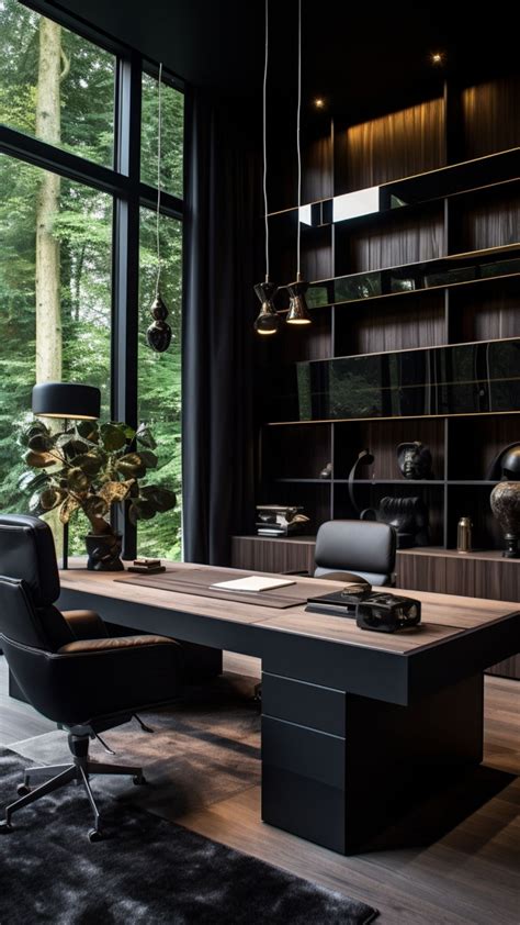 Modern Office Design With Large Windows And Black Leather Chairs