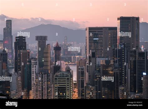 Sunset Hong Kong Business District Skyline Around Wanchai From Above