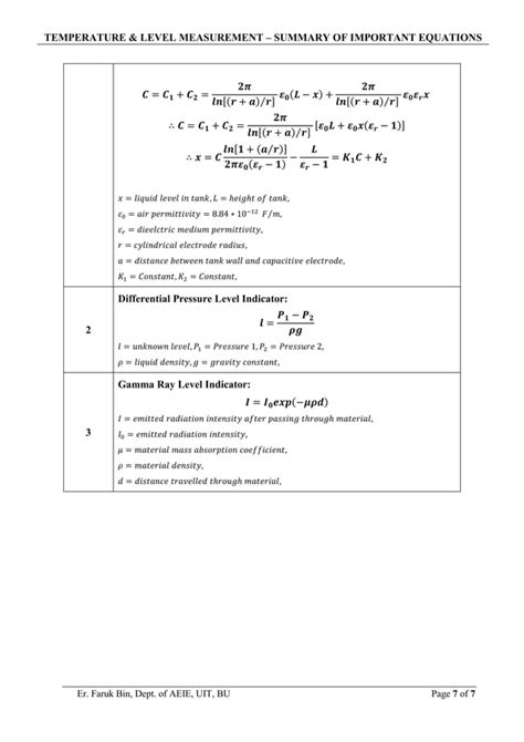 Equations 3 Industrial Instrumentation Temperature And Level Measurement Important Equations Pdf