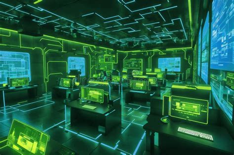 A Computer Lab With Many Computers And Monitors Cyber Concept Stock Illustration Illustration