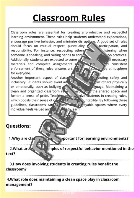 Classroom Rules Reading Comprehension Passages Back To School Made