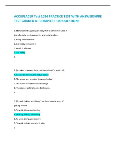 Accuplacer Test 2024 Practice Test With Answers Pre Test Graded A Complete 100 Questions