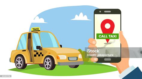 주문 택시 애플 리 케이 션 벡터입니다 손을 잡고 스마트폰입니다 택시 모바일 개념을 호출 합니다 택시를 주문에 대 한 응용