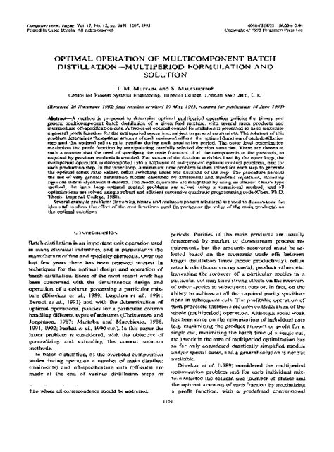 Pdf Optimal Operation Of Multicomponent Batch Distillation A