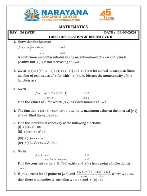 Day 26 Application Of Derivative Ii 06 03 2023 Qp Pdf Function Mathematics