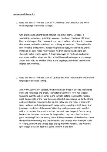 Language Analysis Practice Worksheet Teaching Resources