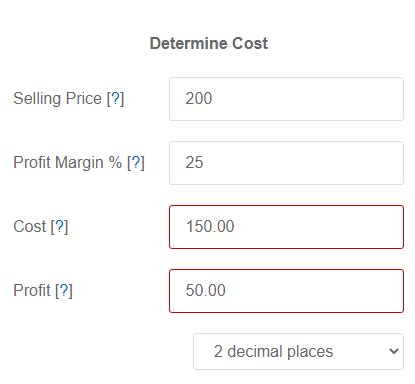 Selling Price And Profit Margin To Cost Calculator