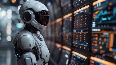 Futuristic Robot Analyzing Complex Data Displays In High Tech Control Room Stock Image Image