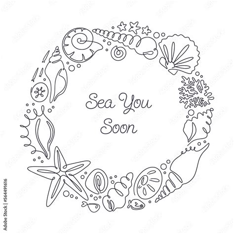 Monochrome Seashells Wreath One Line With Endless Infinite Contour