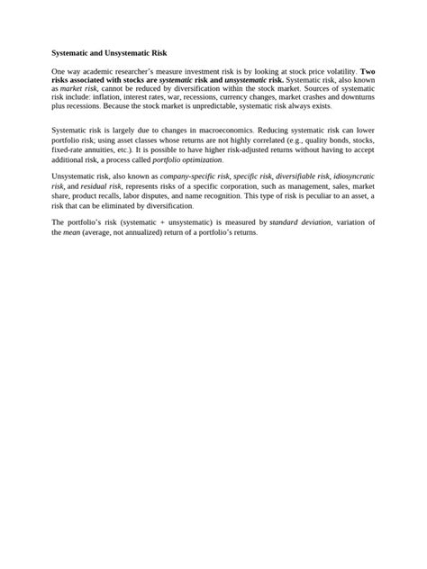 Systematic And Unsystematic Risk Pdf Finance And Money Management