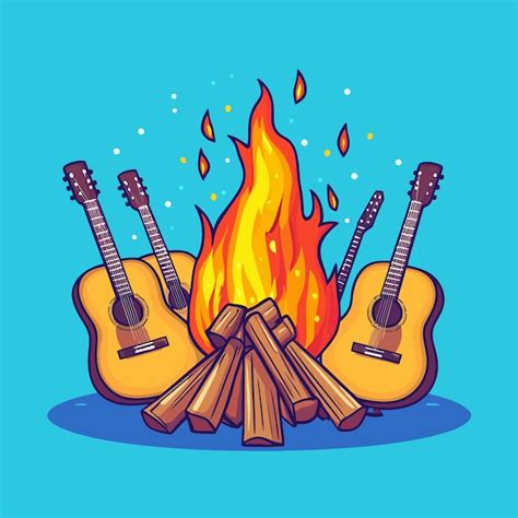 Cute Bonfire Roaring With Acoustic Guitars Cartoon Vector Icon Vector