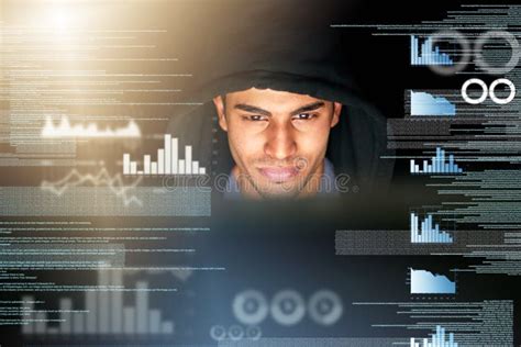 Man Hacker And Hologram With Analytics And Virus Installation For Firewall Bypass And Hub