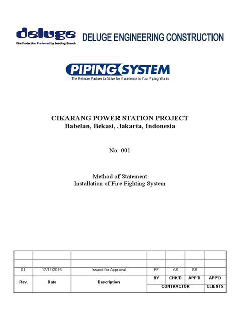 Installation Of Fire Fighting System At Cikarang Power Station Project Method Of Statement For