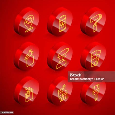 세트 라인 페인트 스프레이 캔 롤러 브러시 총 컬러 팔레트 가이드 튜브 페인트 및 아이콘이 있는 양동이 벡터 3차원 형태에 대한 스톡 벡터 아트 및 기타 이미지 Istock