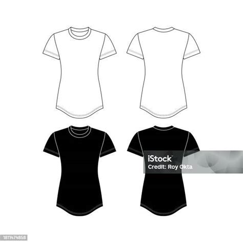 벡터 반팔 티셔츠 패션 Cad 여자 라운드 사각형 및 V 넥 탑 기술 도면 템플릿 플랫 스케치 저지 또는 짠 직물 4 개 세트
