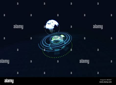 Holographic Earth Globe Floating Above Grid Plane In Dark 3d Render Space With Glowing Data
