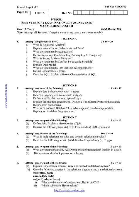 Btech Cs Sem Data Base Management System Ncs Printed Page Of Sub Code NCS