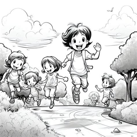 어린이를 위한 색칠 공부 페이지를 재생하는 어린이 프리미엄 벡터