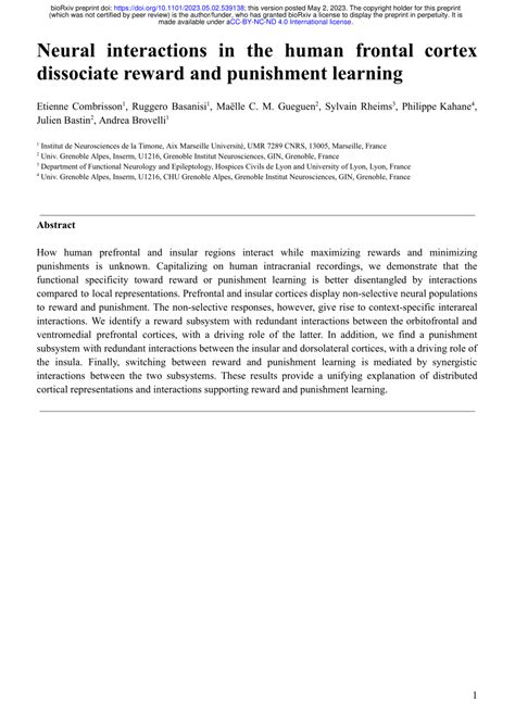 Pdf Neural Interactions In The Human Frontal Cortex Dissociate Reward And Punishment Learning
