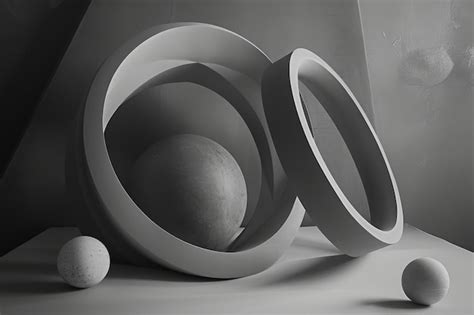 Conceptual Art With Interlocking Rings And Spherical Objects In Monochrome Premium Ai