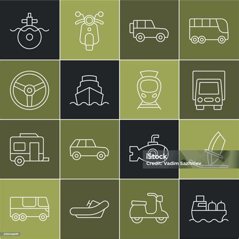 세트 라인 유조선 선박 윈드 서핑 배달화물 트럭 오프로드 크루즈 스티어링 휠 잠수함 및 트램 및 철도 아이콘 벡터 교통수단에 대한 스톡 벡터 아트 및 기타 이미지 Istock