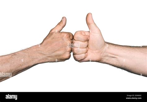 Body Part Concept Two Men Bumping Fists With Thumbs Up Isolated On White Background Stock