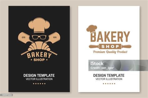 베이커리 숍 전단지 브로셔 배너 포스터 크루아상 빵 삽 셰프 모자 밀 실루엣의 귀를 가진 벡터 디자인 베이커리 레스토랑 Id 개체 포장 및 메뉴를 위한 템플릿 가정 주방에