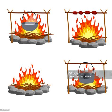 Eld Med Grenar Och Stenar Tecknad Platt Illustration Matlagning I