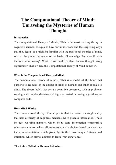 The Computational Theory Of Mind Unraveling The Mysteries Of Human Thought The Computational