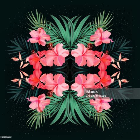 로얄 팜 핸드 그린 열대 정글 어두운 배경에 핑크 히비스커스 꽃과 이국적인 야자수 잎 프레임과 현실적인 벡터 섬 직사각형 패턴 0명에 대한 스톡 벡터 아트 및 기타 이미지