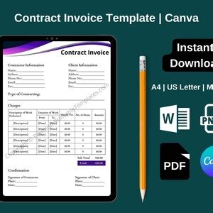 Printable Contract Invoice Template In PDF And Word Canva Etsy