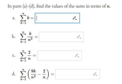 Solved In Parts A D Find The Values Of The Sums In Chegg