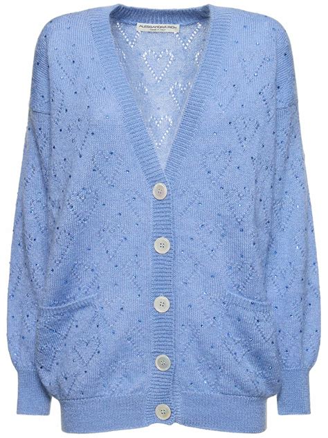 Alessandra Rich Knitted Mohair Long Cardigan W Crystals Alessandra Rich