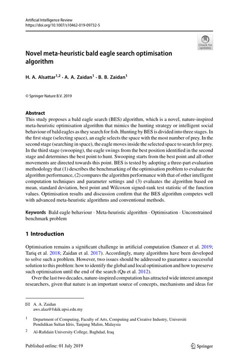 Pdf Novel Meta Heuristic Bald Eagle Search Optimisation Algorithm