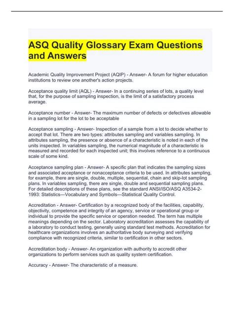 Asq Quality Glossary Exam Questions And Answers 2024 Asq Cqt Stuvia Us