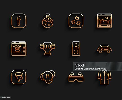 라인 깔때기 또는 필터 분자 피펫 보안경 안경 실험실 유니폼 방독면 전자 저울 및 의료용 온도계 아이콘을 설정합니다 벡터 건강 진단에 대한 스톡 벡터 아트 및 기타 이미지