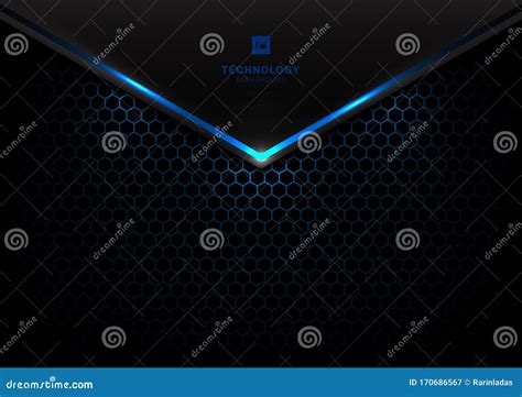 Abstract Technology Futuristic Concept Black And Gray Metallic Overlap Blue Light Hexagon Mesh
