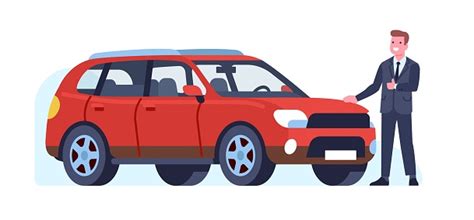 차 옆에 양복을 입은 행복한 남자 판매원 또는 새 차량 소유자 서 있는 행복한 남성 자동차 딜러 운송 구매 자동차 또는 자동차 공유를 대여하십시오 도시 교통 벡터 개념 차에