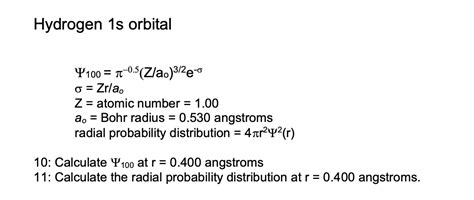 solved hydrogen 1 s orbital Ψ100 π−0 5 z a0 3 2e−σσ zr aoz