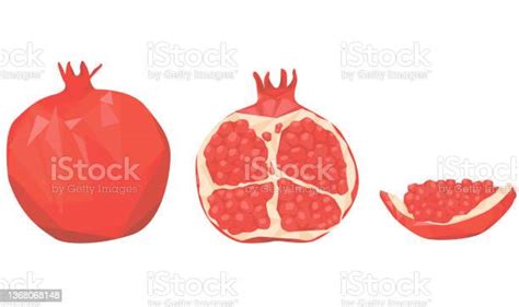 흰색 배경에 고립 된 석류 석류 석 석류 의 전체 석류 반 및 석류 조각 이국적인 과일 기하학적 스타일 채식주의 달콤한 음식 플랫 벡터 0명에 대한 스톡 벡터 아트 및 기타