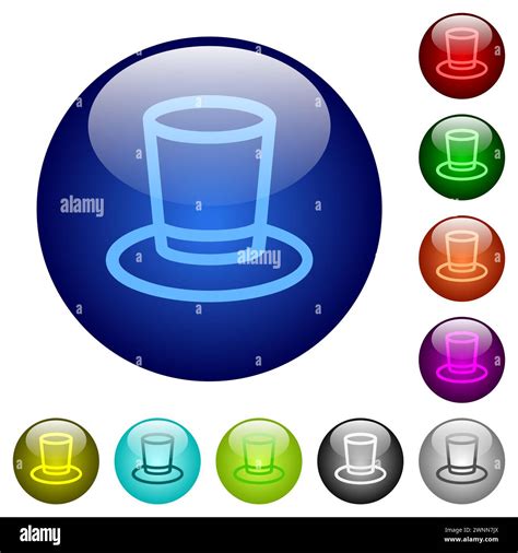 Cylinder Hat Outline Icons On Round Glass Buttons In Multiple Colors Arranged Layer Structure