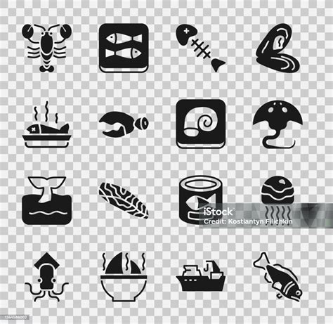 생선 해파리 가오리 해골 랍스터 또는 게 발톱 접시 제공 및 문어 아이콘을 설정합니다 벡터 검은색에 대한 스톡 벡터 아트 및 기타 이미지 Istock