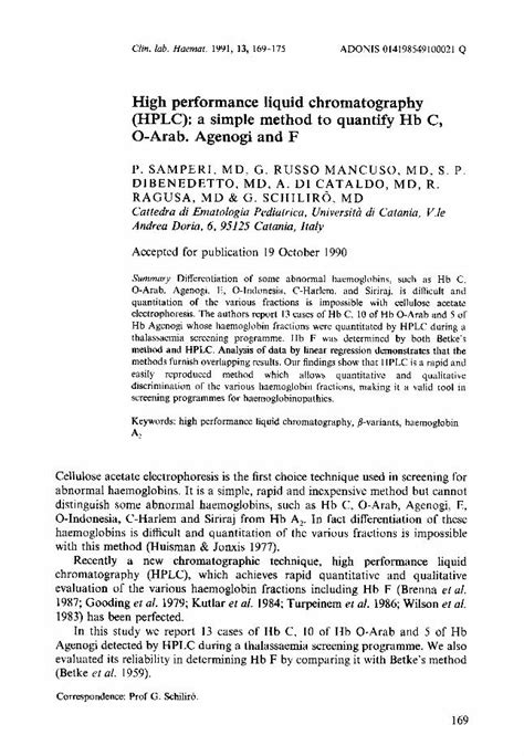 Pdf High Performance Liquid Chromatography Hplc A Simple Method To Quantify Hb C O Arab