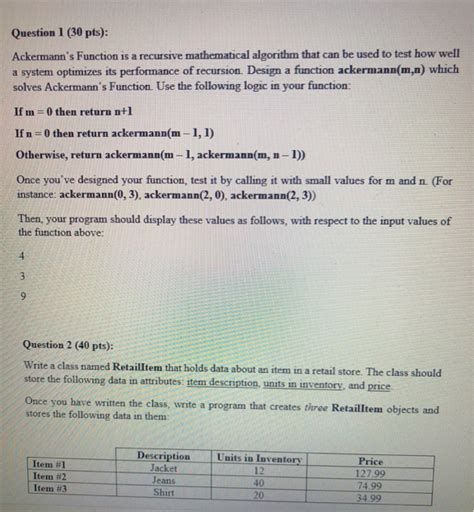 Solved Question 1 30 Pts Ackermanns Function Is A