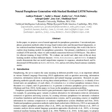 Neural Paraphrase Generation With Stacked Residual Lstm Networks Acl