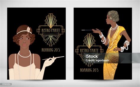 복고풍 패션 이십대의 매력적인 소녀 벡터 그림입니다 플래퍼 20의 스타일 빈티지 파티 초대 디자인 템플릿입니다 1920 1929