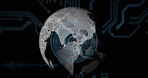 image of spinning globe over round scanner microprocessor connections and data processing stock
