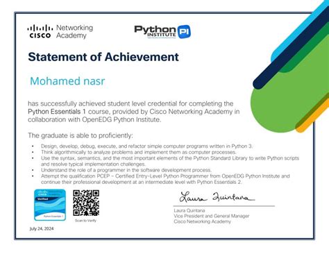 Earned Cisco Python Essentials 1 Mohamed Nasr 🇵🇸 Posted On The Topic Linkedin