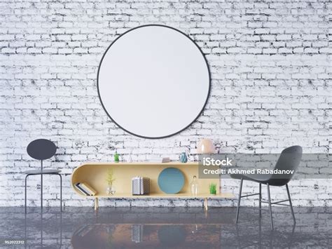 홈 오피스 인테리어 배경 3d 렌더링 3d 일러스트의 포스터 프레임을 모의 0명에 대한 스톡 사진 및 기타 이미지 0명 가구 공란 Istock