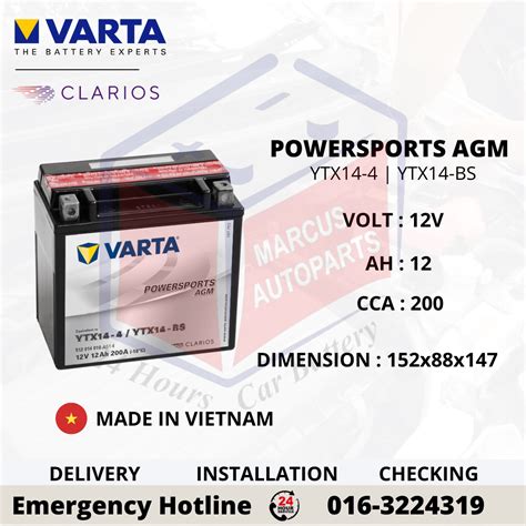 Varta Powersports Agm Ytx14 Bs Auxiliary Battery 24 Hours Car Battery